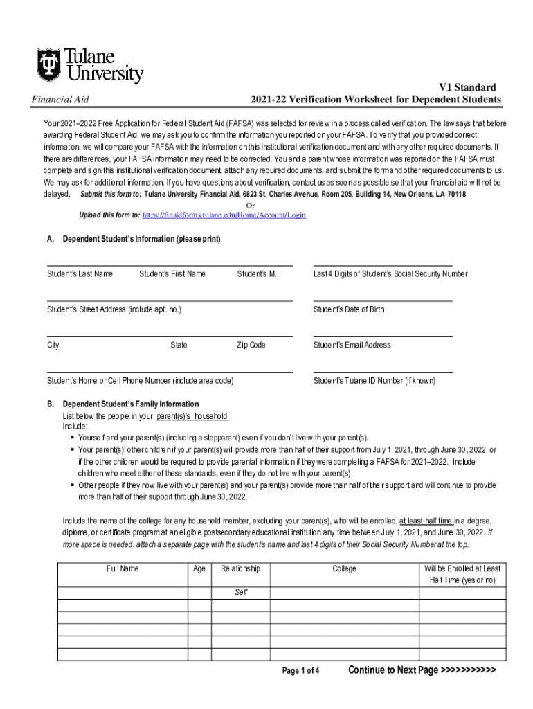 Fillable Online financialaid tulane 2021-2022 Verification Worksheet for Federal Student Aid ...