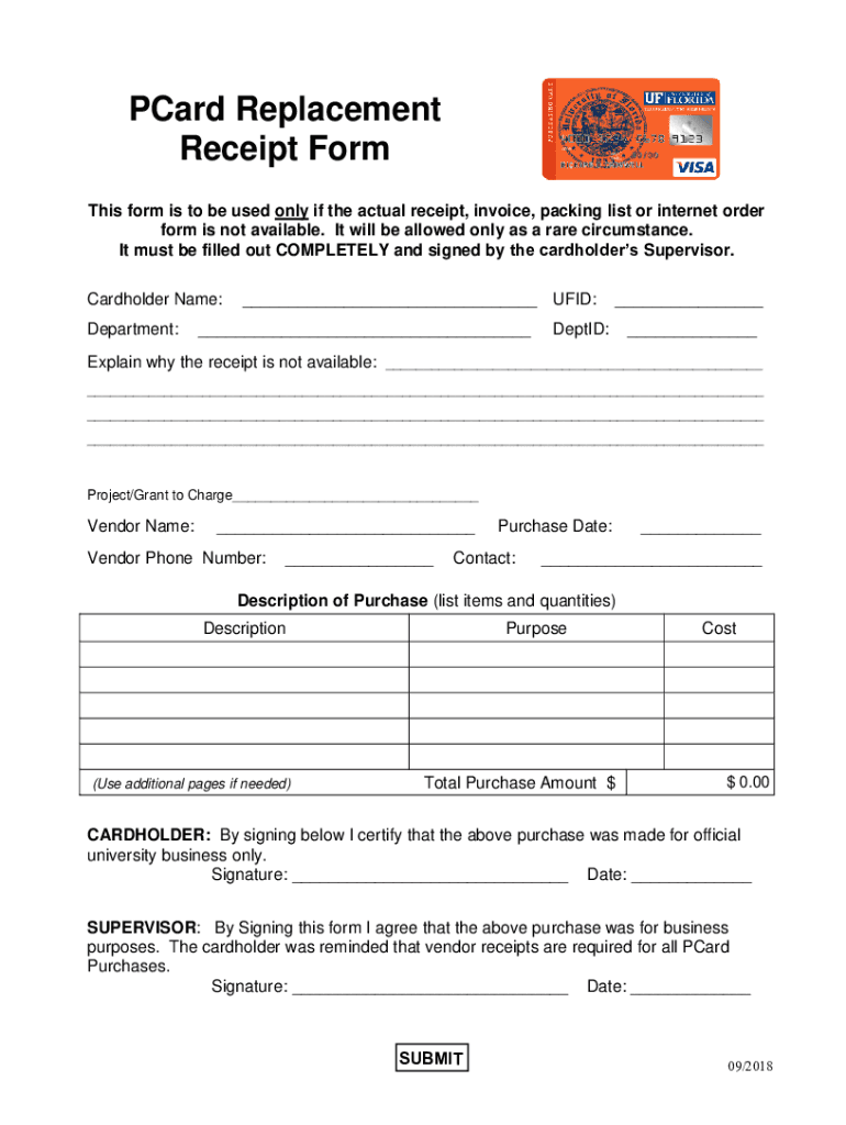 Fillable Online entnemdept ufl Reset Items/Justification PCARD REPLACEMENT RECEIPT FORM Fax ...