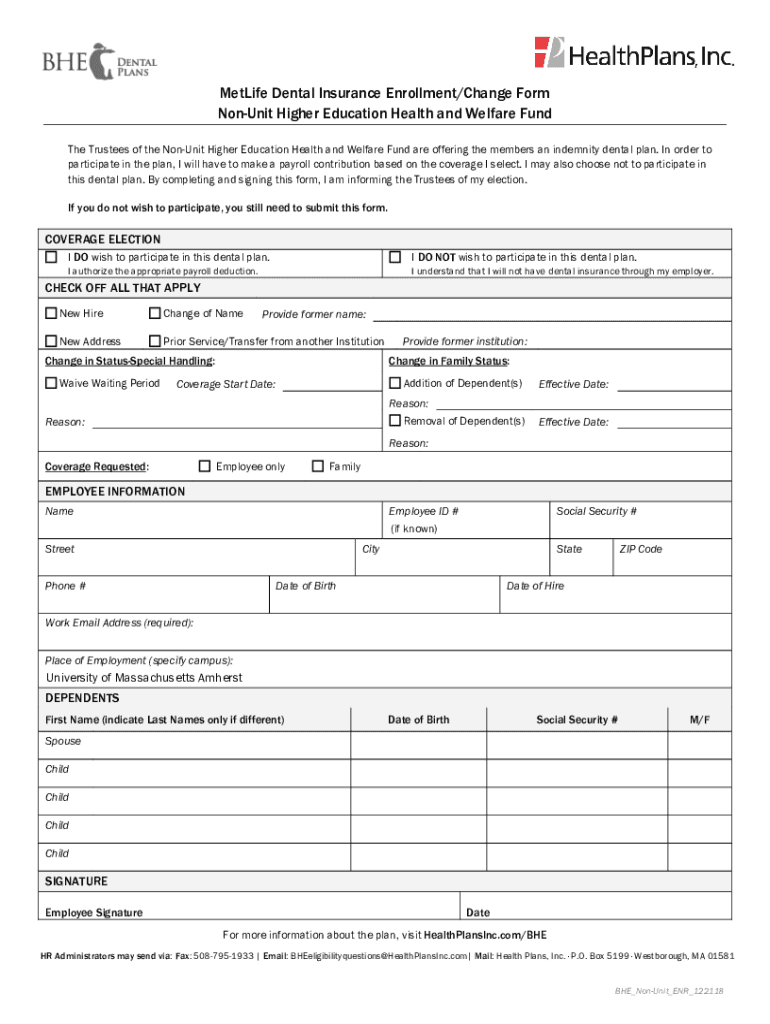 Fillable Online Get the MetLife Dental Insurance Enrollment/Change Form ...