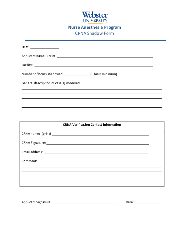 Fillable Online Nurse Anesthesia Program CRNA Shadow Form Fax Email ...