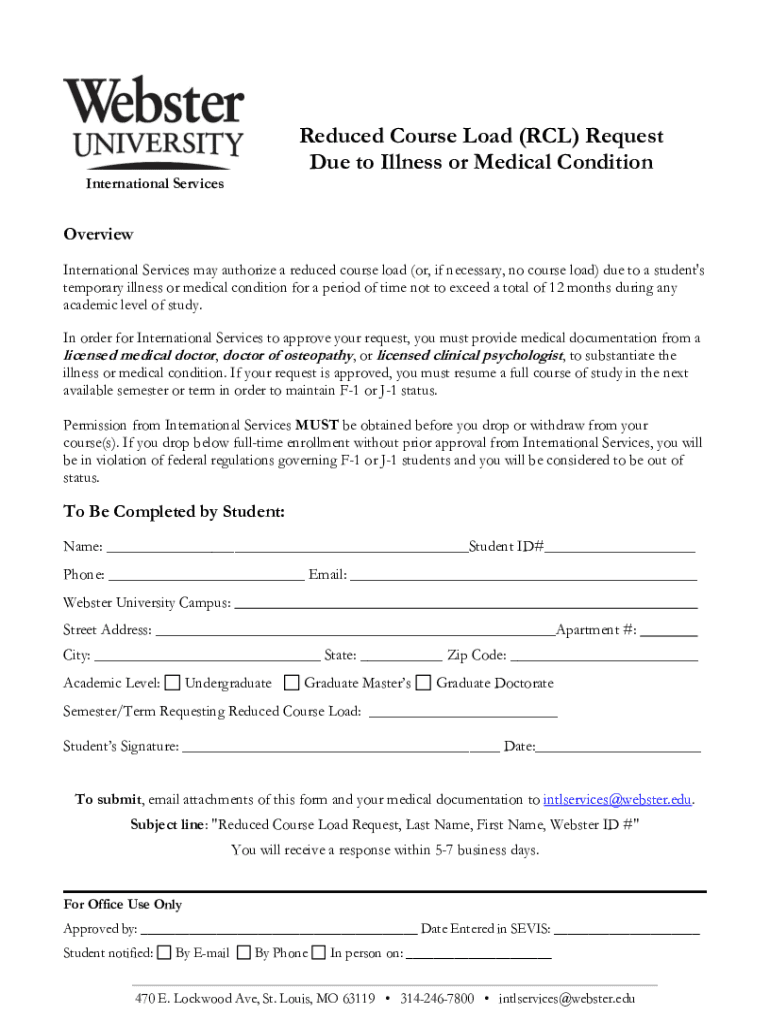 Fillable Online Reduced Course Load (RCL) Request Medical Fax Email ...