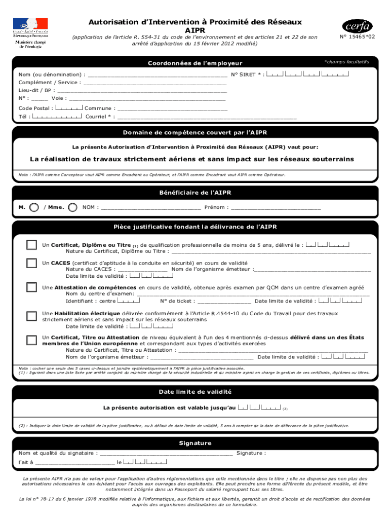 Remplissable En Ligne Autorisation d'interventionproximit des rseaux (AIPR ... Fax Email ...