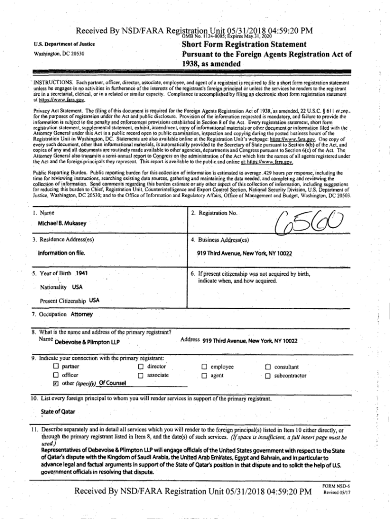 Fillable Online Received By NSD/FARA Registration Unit 05/31 ...