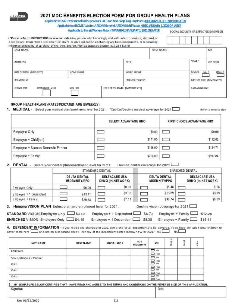Fillable Online 2021 MDC BENEFITS ELECTION FORM FOR GROUP HEALTH PLANS ...