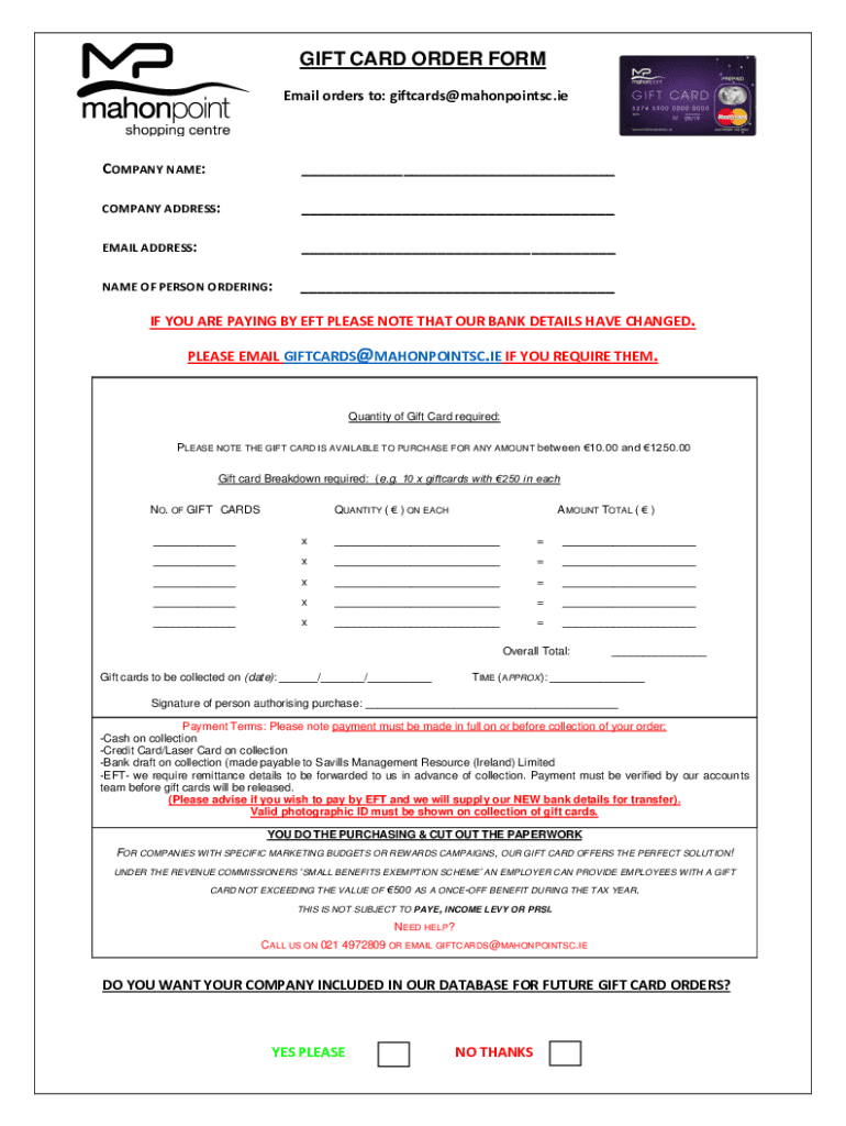Fillable Online GIFT CARD ORDER FORM - Mahon Point Shopping Centre Fax ...