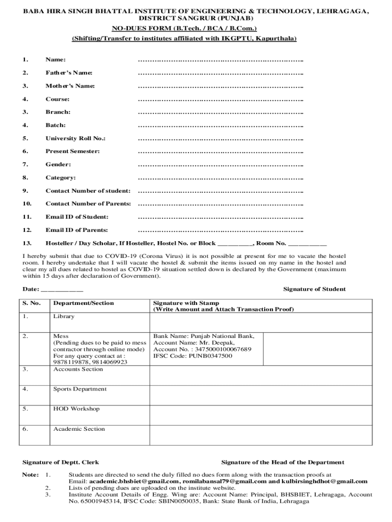 Fillable Online NO-DUES FORM - Baba Hira Singh Bhattal Institute of ...