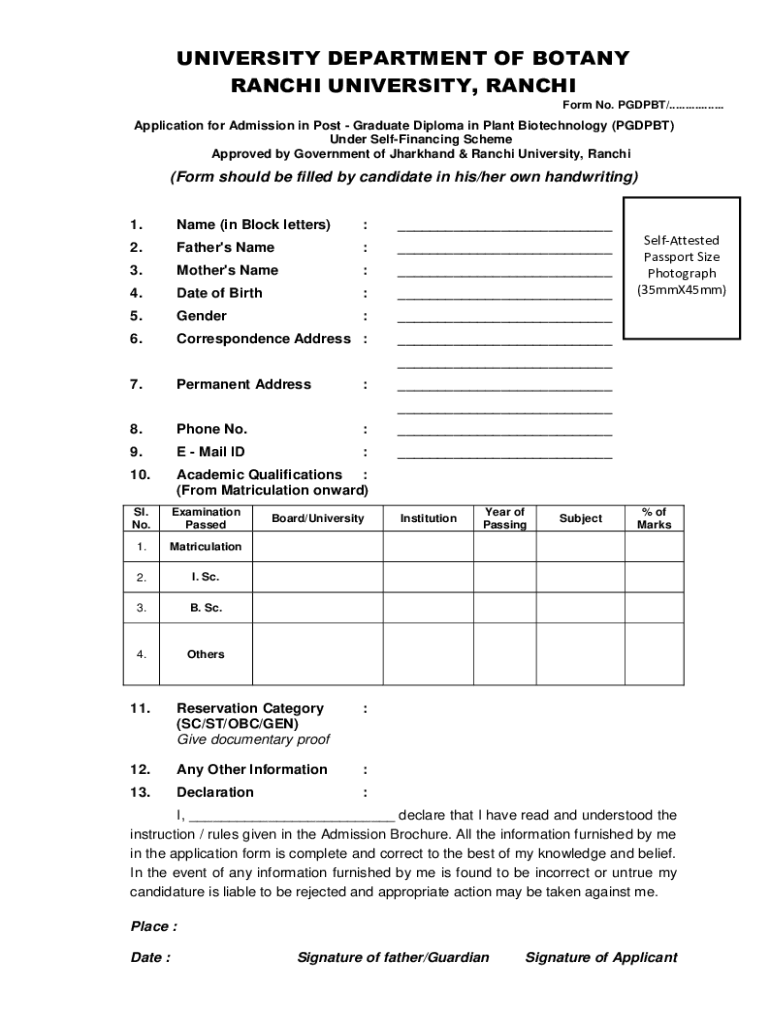 Fillable Online Official Website of Ranchi University, Ranchi - PG ...