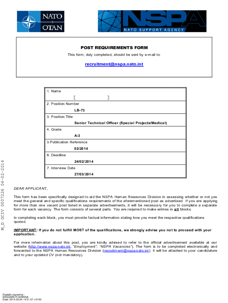 Fillable Online Fillable Online post requirements form - NSPA - NATO ...