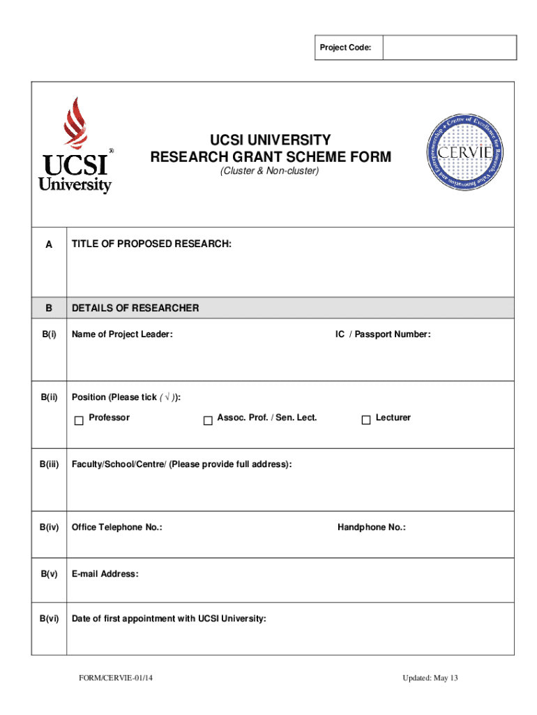Fillable Online UCSI UNIVERSITY RESEARCH GRANT SCHEME FORM (RM5K & below ... Fax Email Print ...