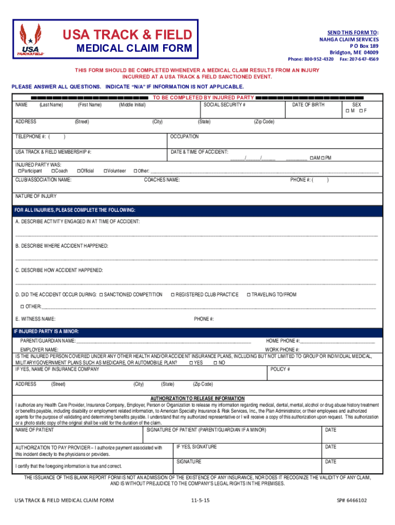 Fillable Online 7-7-15 USA Track and Field Medical Claim Forms.docx Fax ...