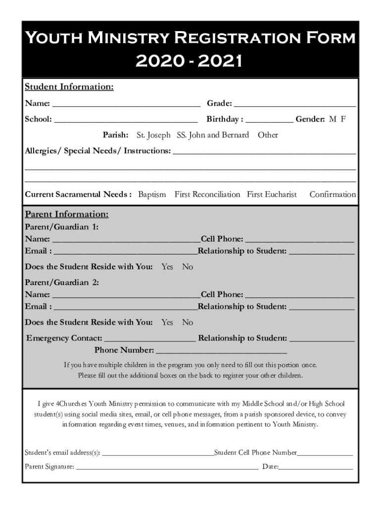 Fillable Online Youth Ministry Registration Form 2020 - 2021 Fax Email ...