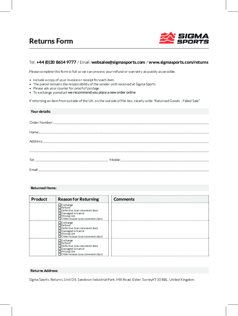 Fillable Online Returns Form - Sigma SportsReturns Form - Sigma ...