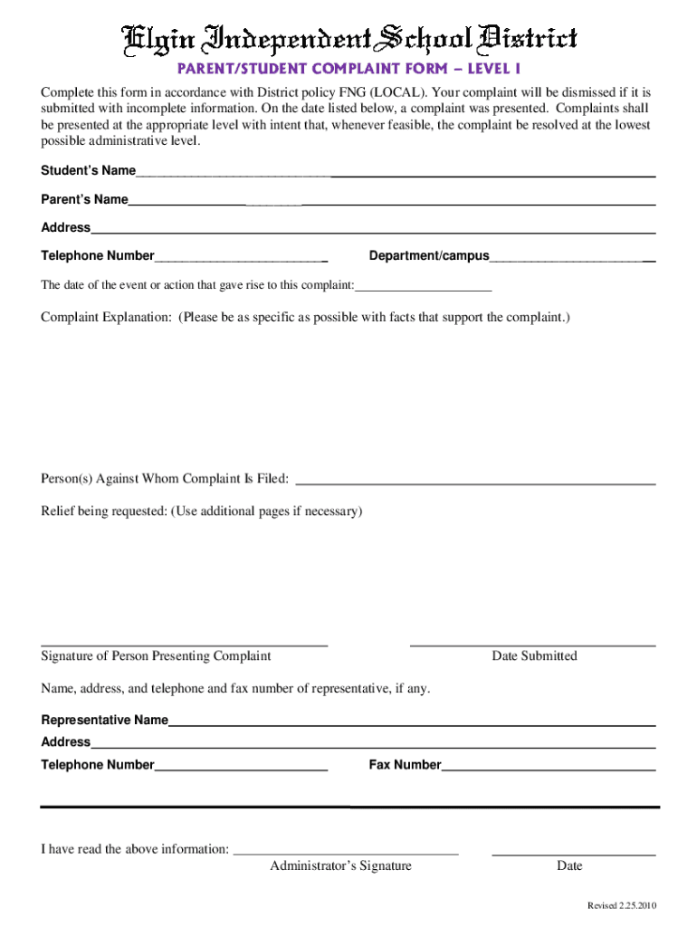 Fillable Online Killeen Independent School District Parent/Student Complaint ... Fax Email Print ...