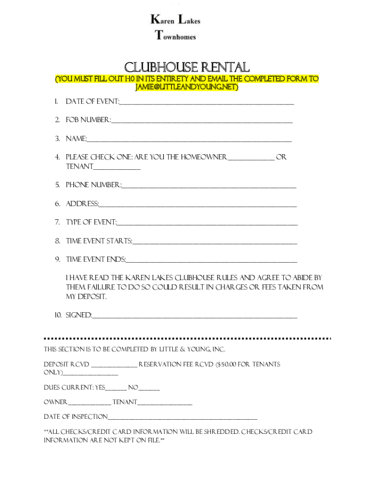 Fillable Online Village at Lakewood Clubhouse Rules & Reminders Fax ...