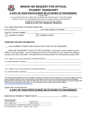 Fillable Online MANOR ISD REQUEST FOR OFFICIAL STUDENT TRANSCRIPT Fax Email Print - pdfFiller