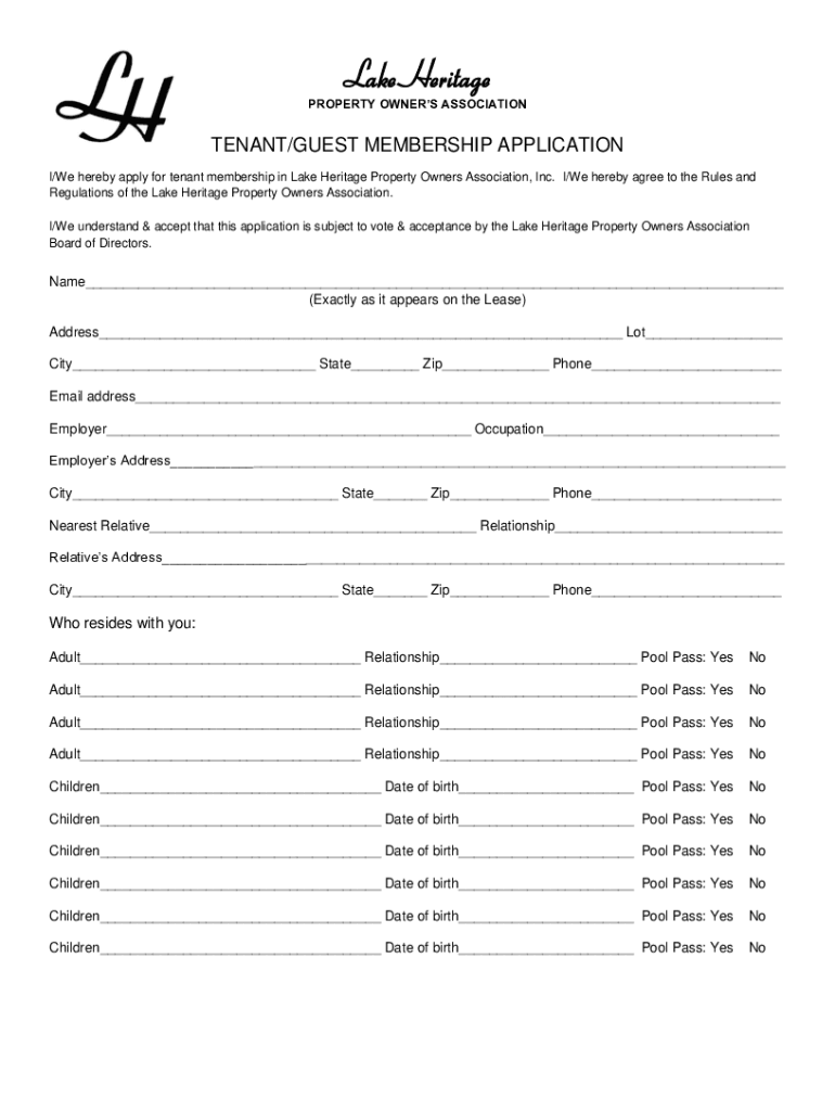 Fillable Online TENANT/GUEST MEMBERSHIP APPLICATION Fax Email Print ...
