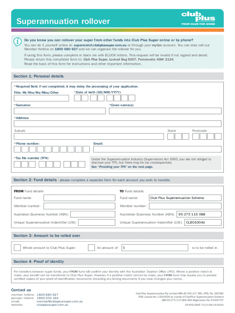 Fillable Online Rollover Form - Club Plus Super Fax Email Print - pdfFiller