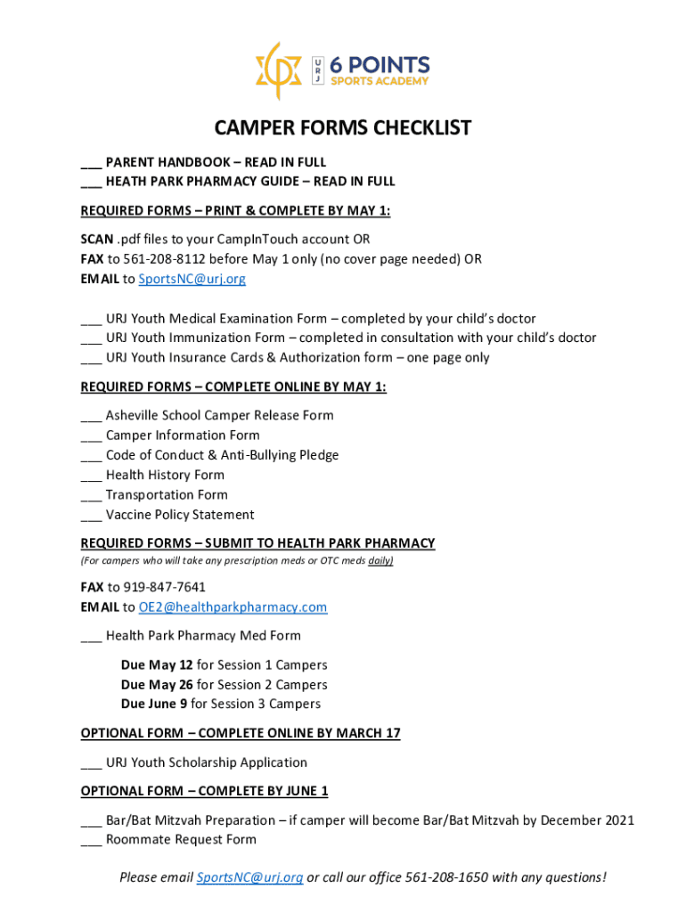 Fillable Online Camper Forms Checklist - 6 Points Sports Academy Fax ...