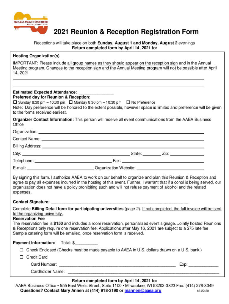 Fillable Online 2021 Reunion & Reception Registration Form Fax Email ...
