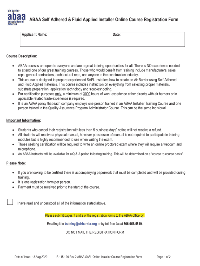 Fillable Online F-115-190 Rev 2 ABAA SAFL Online Installer Course Registration Form.pdf Fax ...