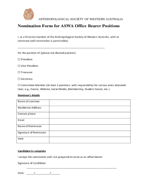 Fillable Online Nomination Form for ASWA Office Bearer Positions Fax ...