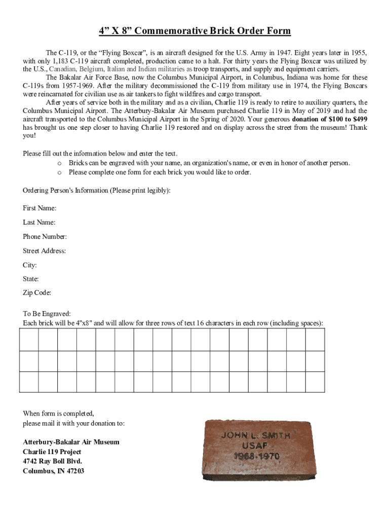 Fillable Online 4 X 8 Commemorative Brick Order Form - Atterbury ...