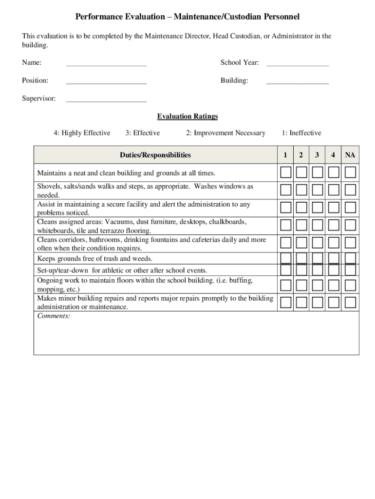 Fillable Online Performance Evaluation Maintenance/Custodian Personnel ...