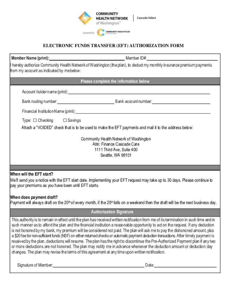 Fillable Online CHNW Electronic Funds Transfer Authorization Form Fax Email Print - pdfFiller