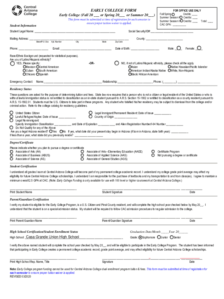 Fillable Online EARLY COLLEGE FORM Fax Email Print - pdfFiller