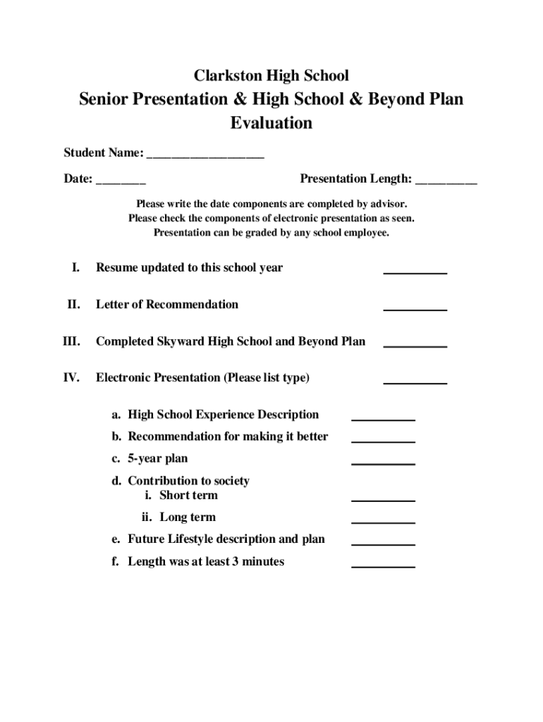 Fillable Online Senior Presentation & High School & Beyond Plan ...