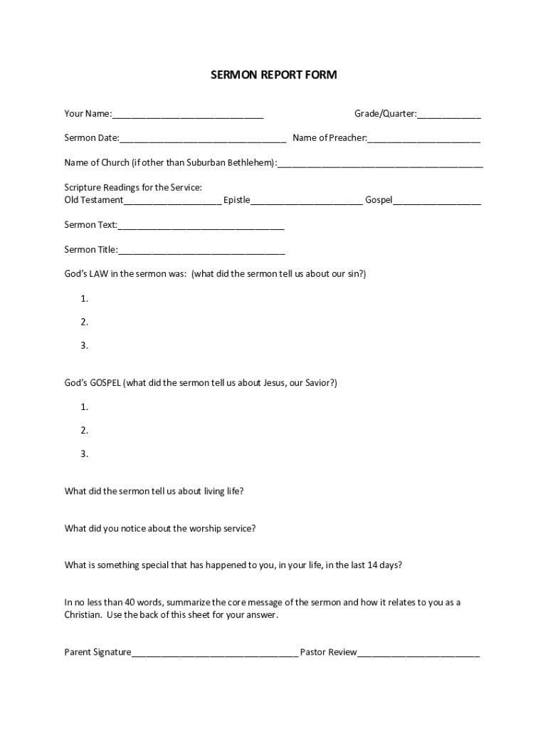 Fillable Online SERMON REPORT FORM - Suburban Bethlehem Lutheran Church ...