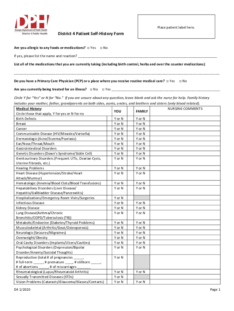 Fillable Online Place patient label here. District 4 Patient Self ...