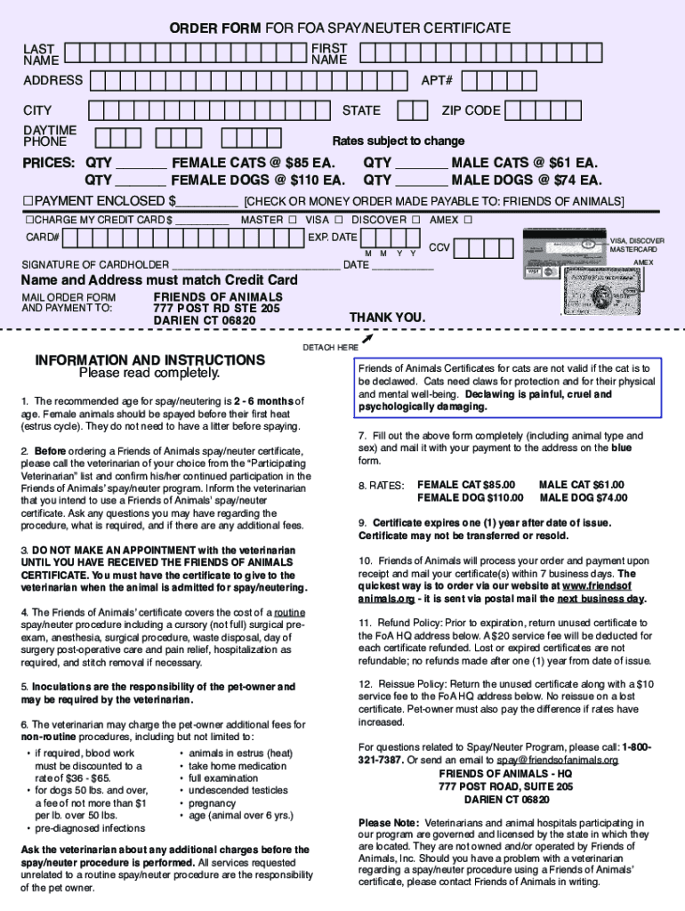 Fillable Online ORDER FORM FOR FOA SPAY/NEUTER CERTIFICATE Fax Email ...