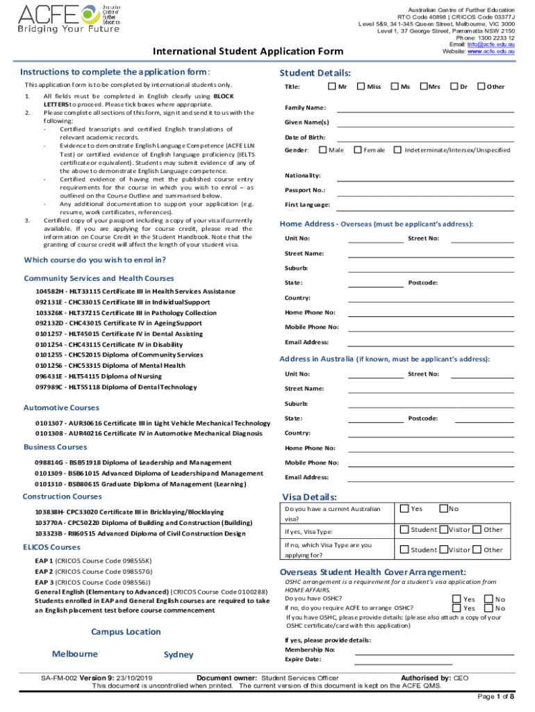 Fillable Online acfe edu International Student Application Form - ACFE ...