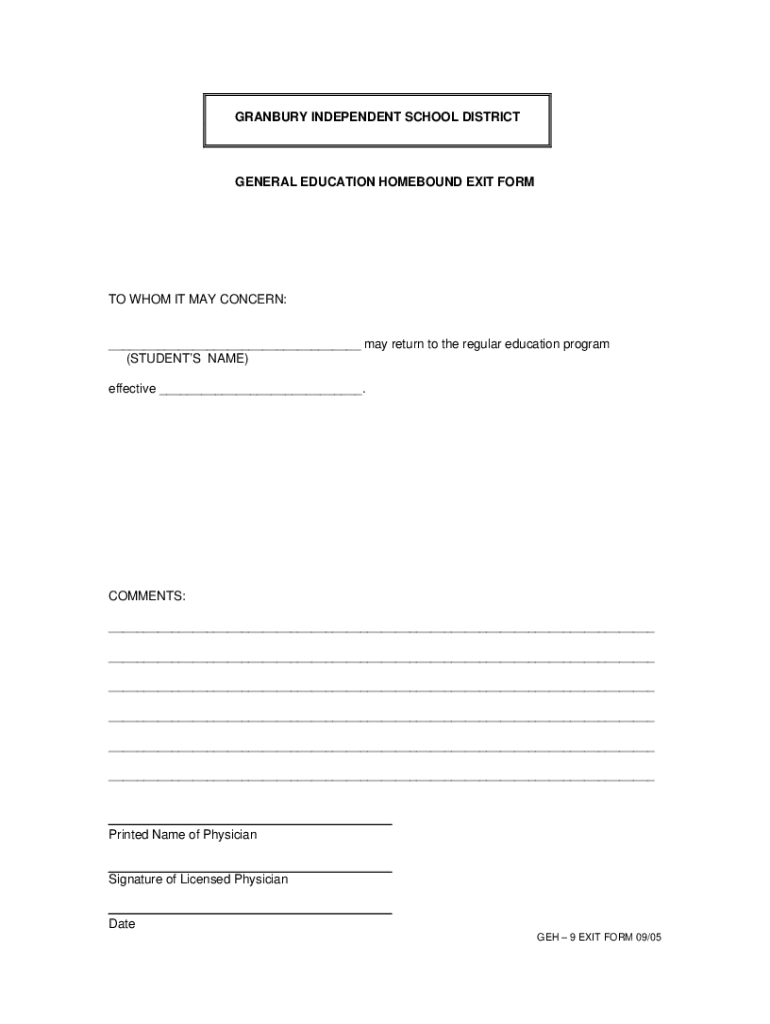 Fillable Online GENERAL EDUCATION HOMEBOUND EXIT FORM Fax Email Print ...
