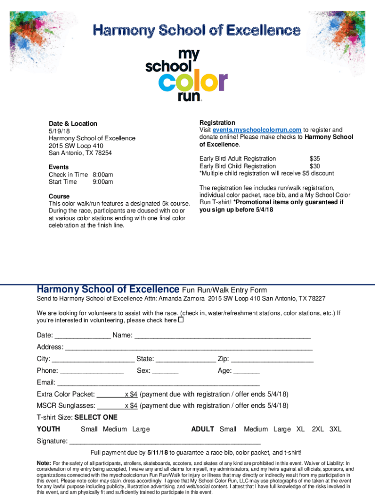 Fillable Online Register early for the My School Color Run!1Harmony ...