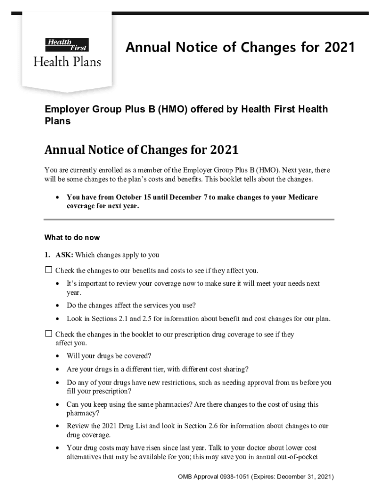 Fillable Online Annual Notice of Changes for 2021 - Health First Fax ...