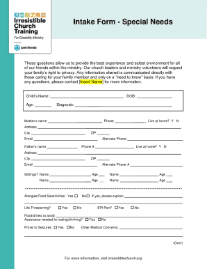 Fillable Online PC Kids Ministry Special Needs Parent Intake Form ...