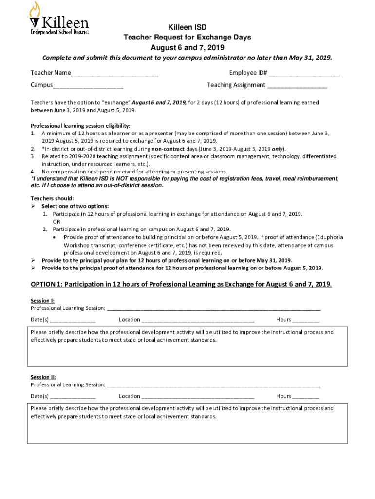 Fillable Online Killeen ISD Teacher Request for Exchange Days August 6 ...