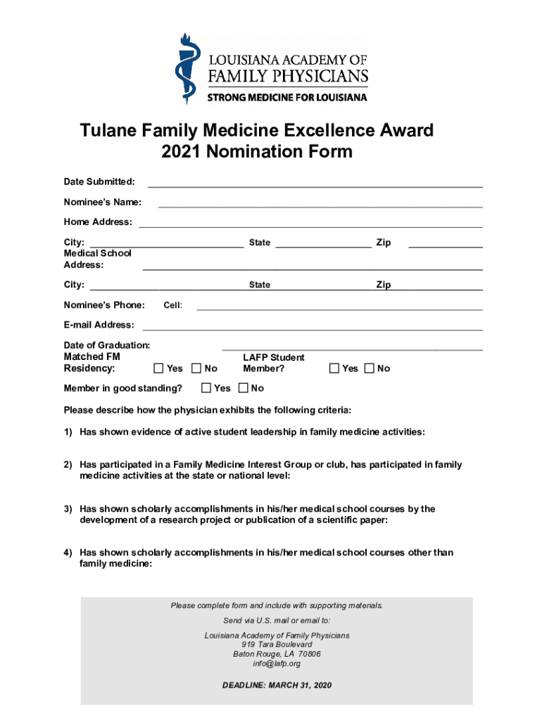 Fillable Online Tulane Family Medicine Excellence Award Fax Email Print ...