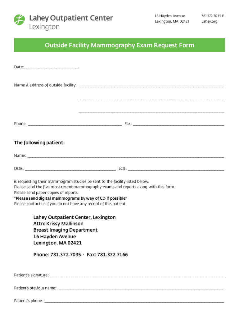 Fillable Online Outside Facility Mammography Exam Request Form Fax ...