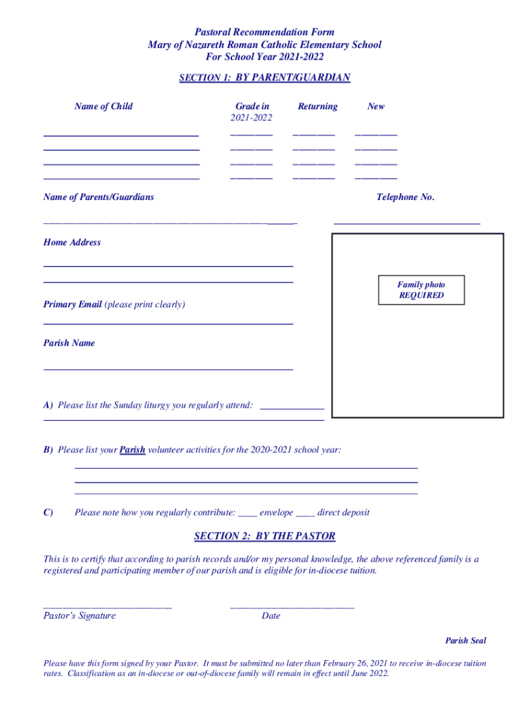 Fillable Online Pastoral Recommendation Letter - Mary of Nazareth ...