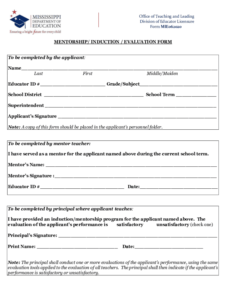 Fillable Online MENTORSHIP/ INDUCTION / EVALUATION FORM Fax Email Print ...