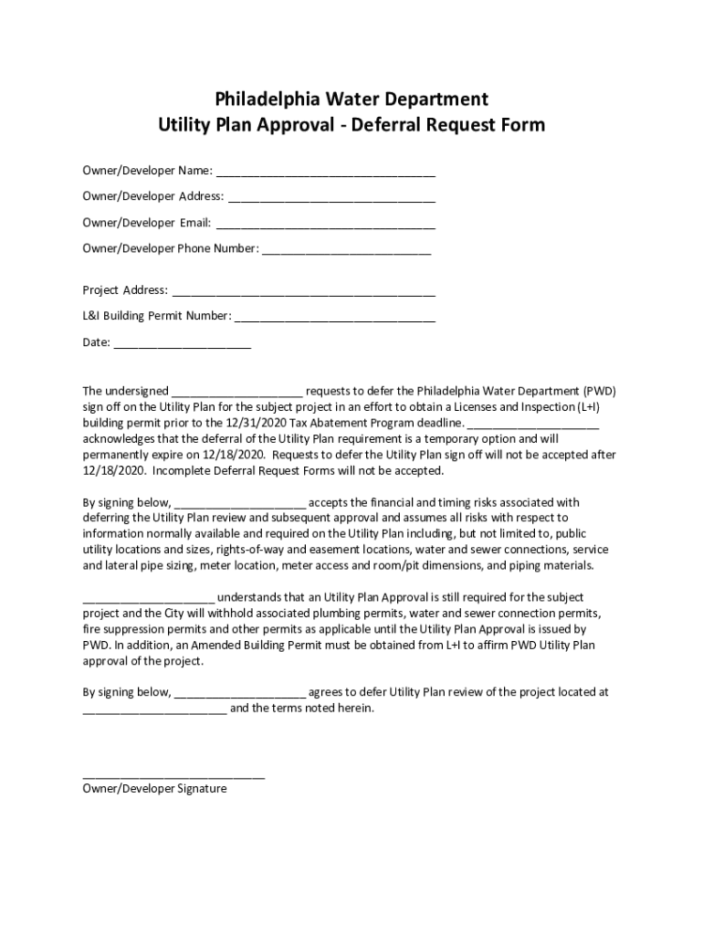 Fillable Online PWD Utility Plan Approval - Deferral Request Form Fax ...