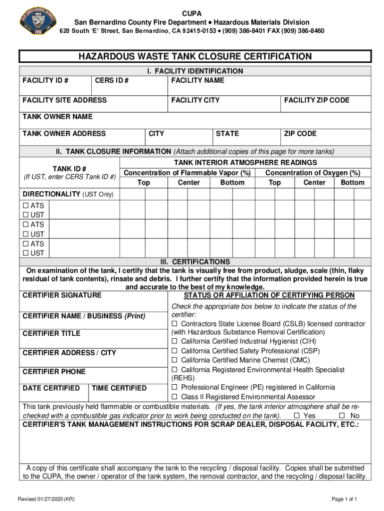 Fillable Online CUPA San Bernardino County Fire Department 620 S. E St ...