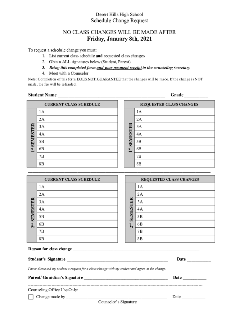 Fillable Online Desert Hills High School Schedule Change Request NO ...