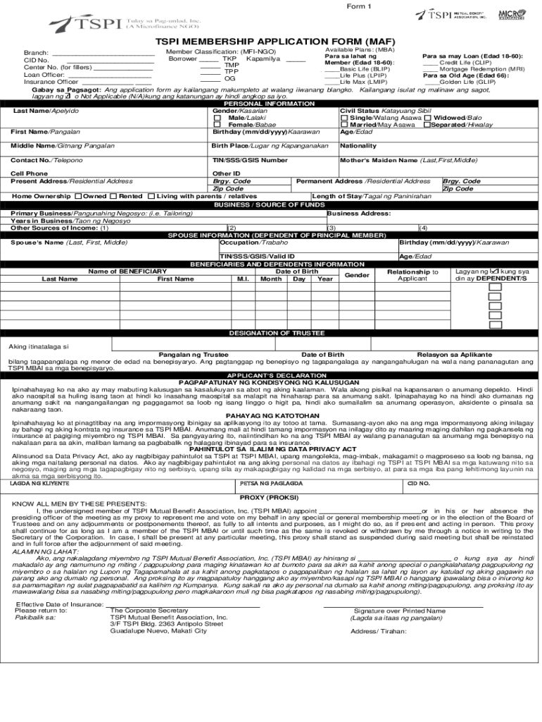 Fillable Online TSPI MEMBERSHIP APPLICATION FORM (MAF) Fax Email Print ...