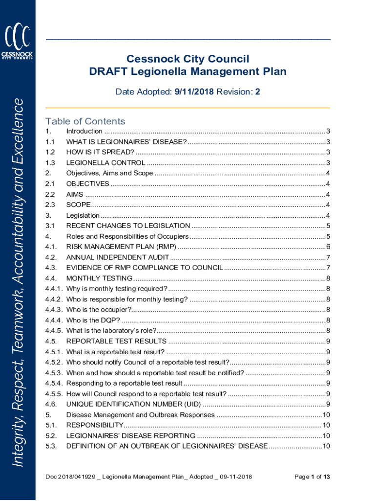 Fillable Online DRAFT Legionella Management Plan Cessnock City Council ...