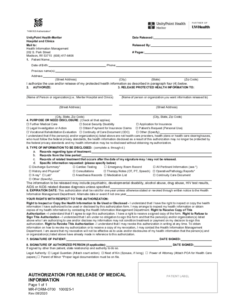 Fillable Online MR-FORM-0700 100025-1 Authorization for Release of ...