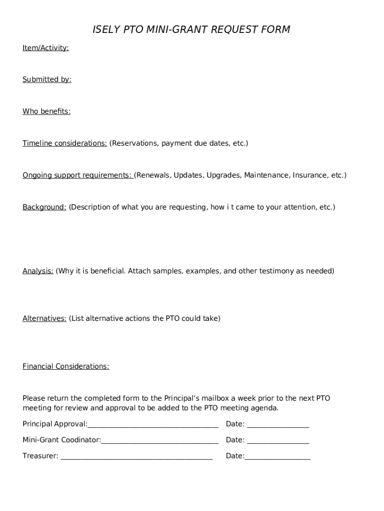 ISELY PTO MINI-GRANT REQUEST Doc Template | pdfFiller